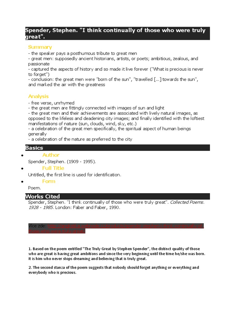 Spender, Stephen. "I Think Continually of Those Who Were Truly Great ...