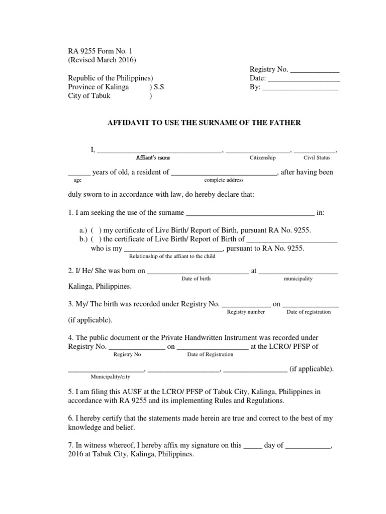 Affidavit To Use The Surname of The Father | PDF | Affidavit ...