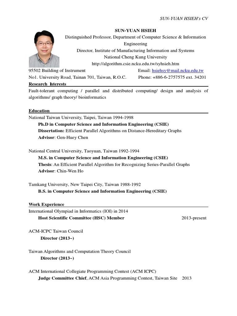 Sun-Yuan Hsieh'S CV: Hsiehsy@mail - Ncku.edu - TW | PDF | Distributed Computing | Parallel Computing