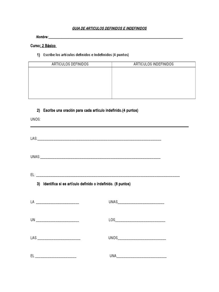 Prueba de Articulos Definidos e Indefinidos | PDF