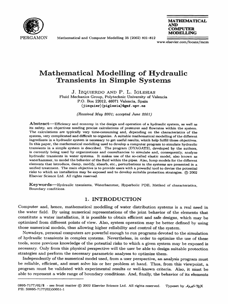 Mathematical Modelling of Hydraulic Transients in Simple Systems | PDF | Computer Simulation ...