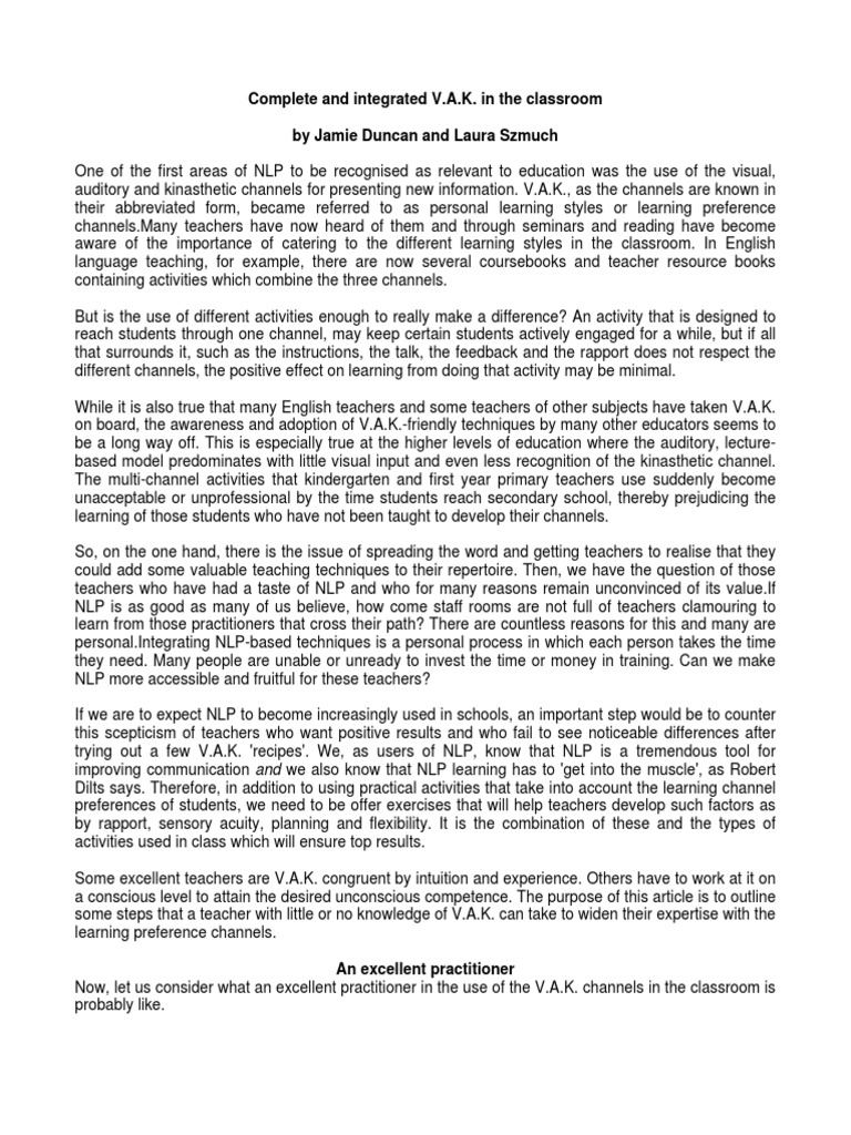 NLP: Complete Andintegrated VAK in The Classroom | PDF | Learning ...