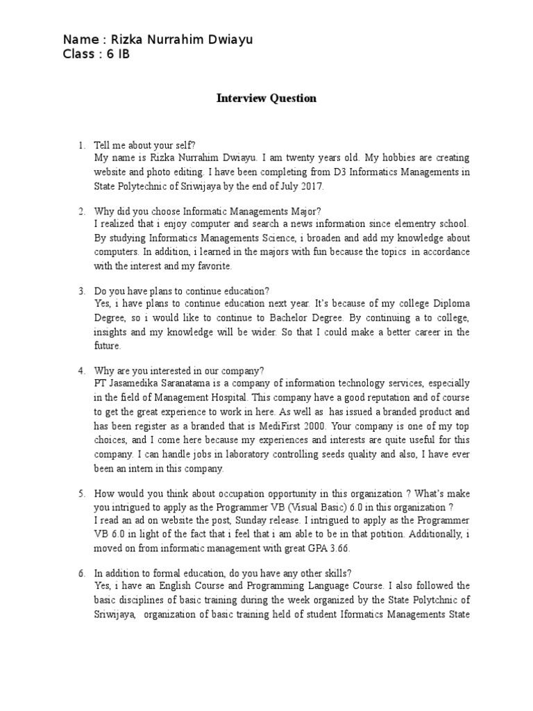 Name: Rizka Nurrahim Dwiayu Class: 6 IB: Interview Question | PDF ...