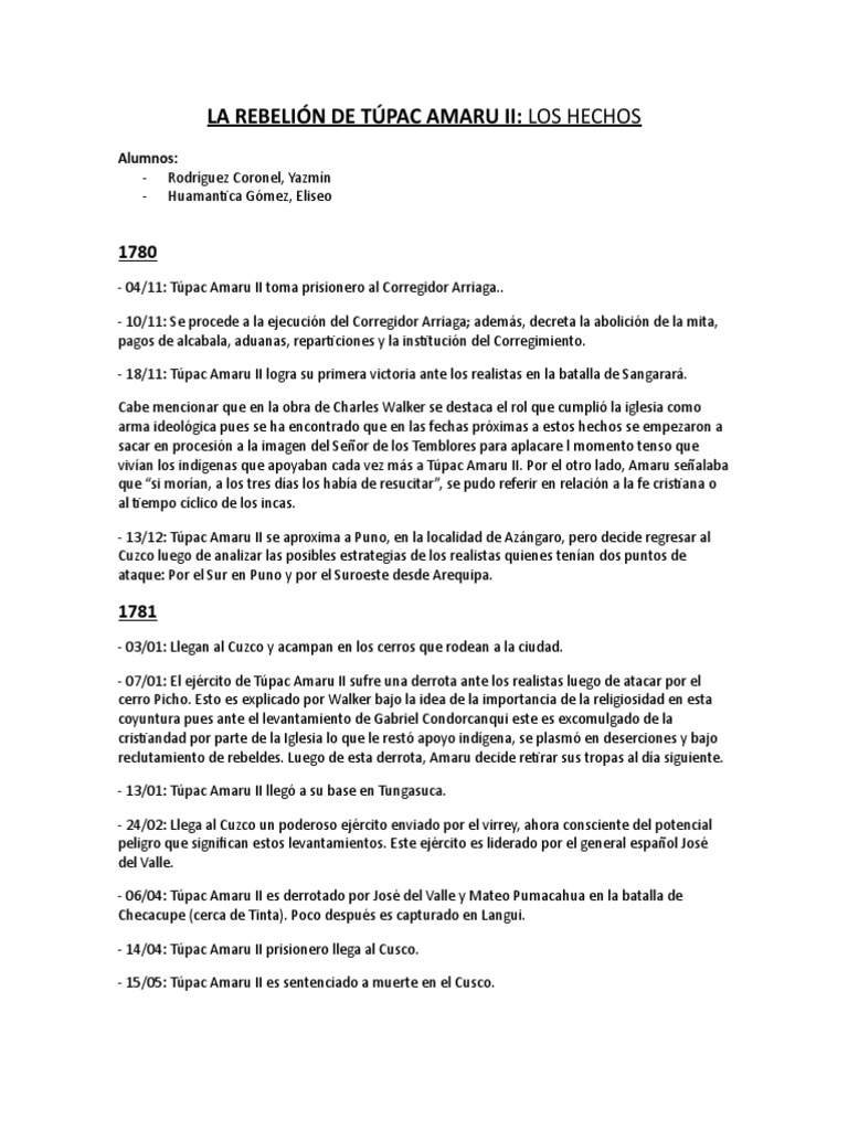 Túpac Amaru II y Los Hechos | PDF | Conflictos del segundo milenio ...