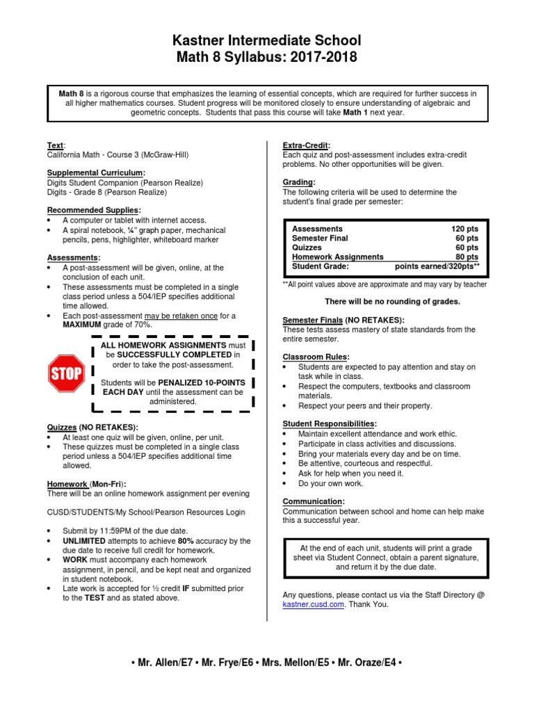Math 8 Syllabus 2017-2018 | PDF | Educational Assessment | Homework