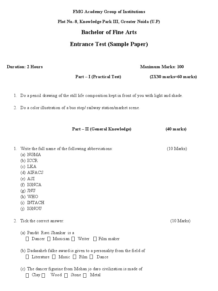 BFA Entrance Exam Sample Paper | PDF | Paintings | Plastic Arts