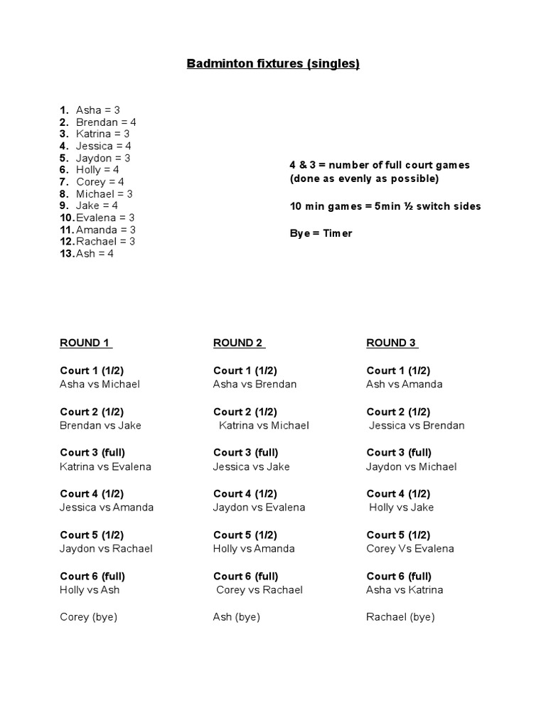 Badminton Fixtures | PDF | Sports