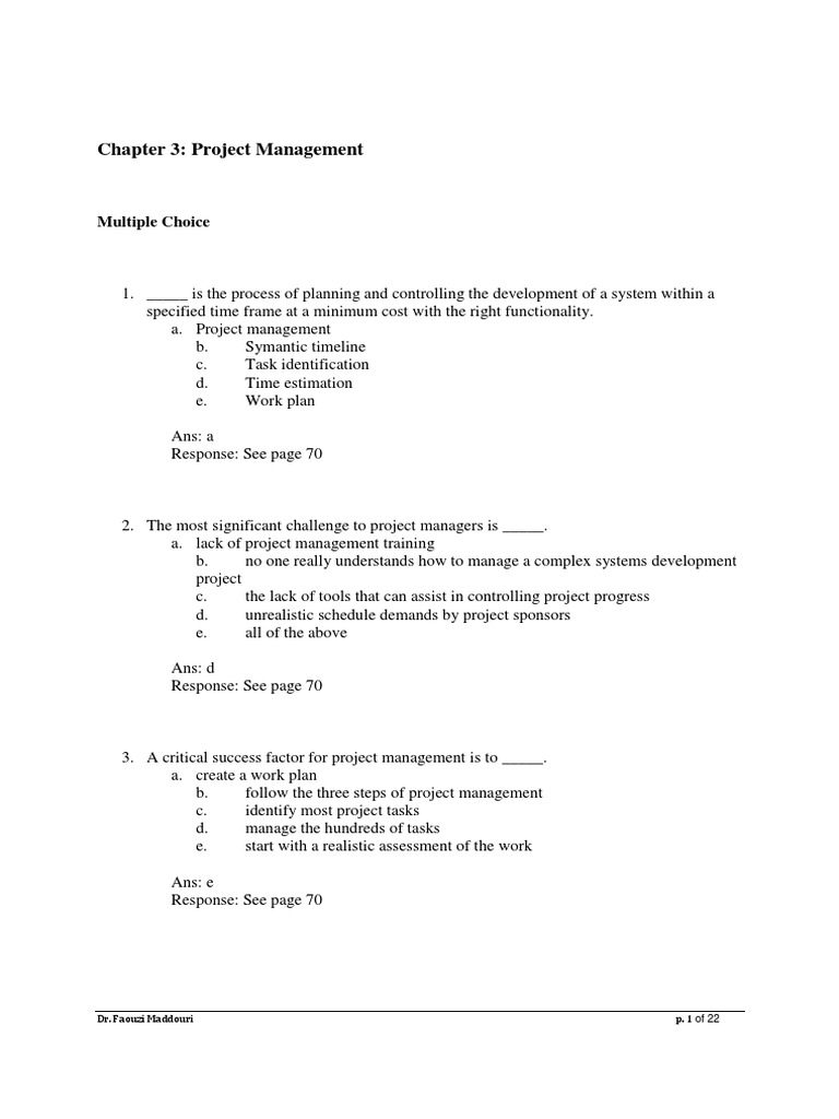 Project Management MCQs and Answers | PDF | Project Management | Risk