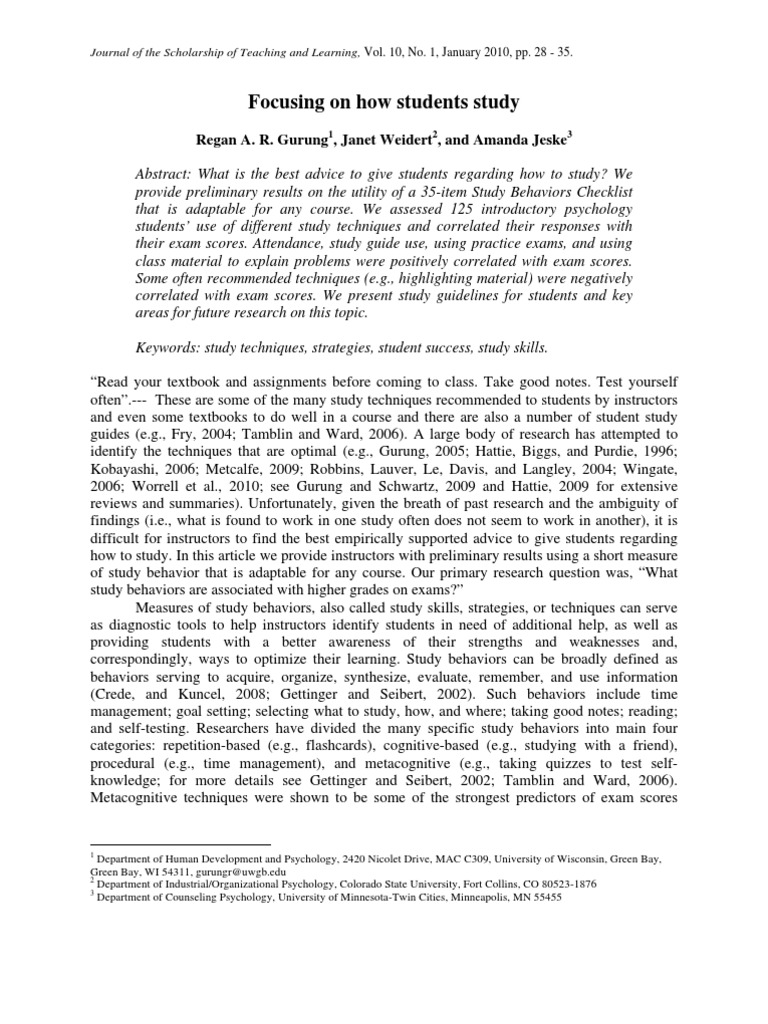 Study Behaviors Checklist Predicts Exam Scores | PDF | Metacognition ...