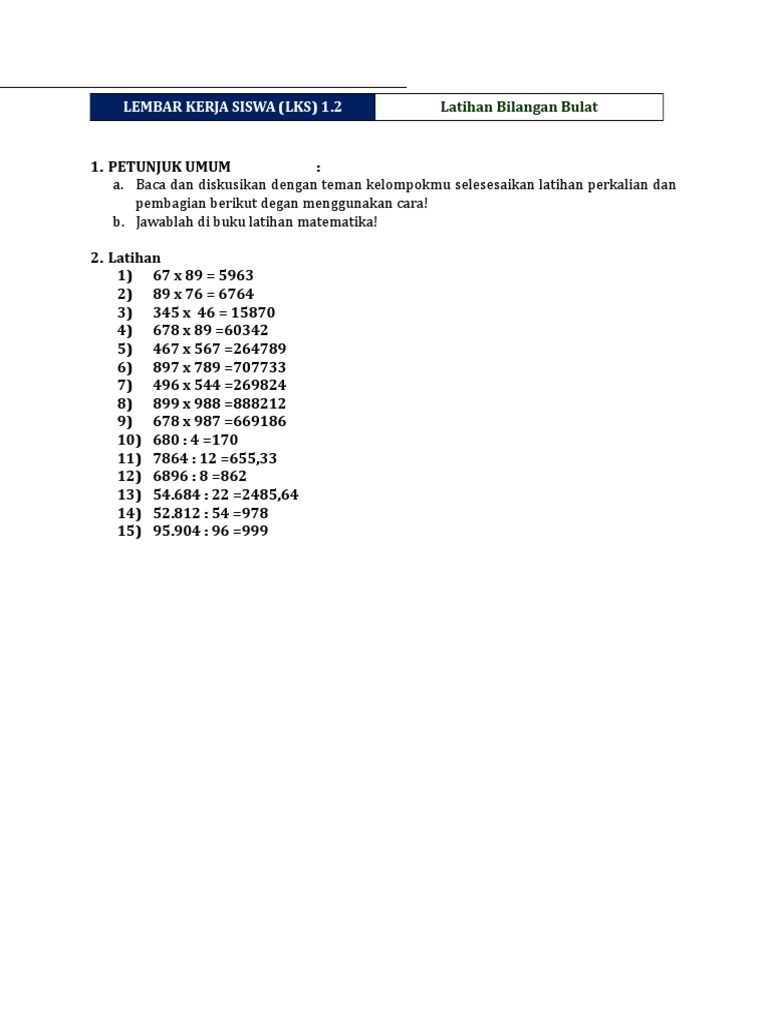 LEMBAR Jawaban (Latihan Perkalian Dan Pembagian Bilbul) | PDF