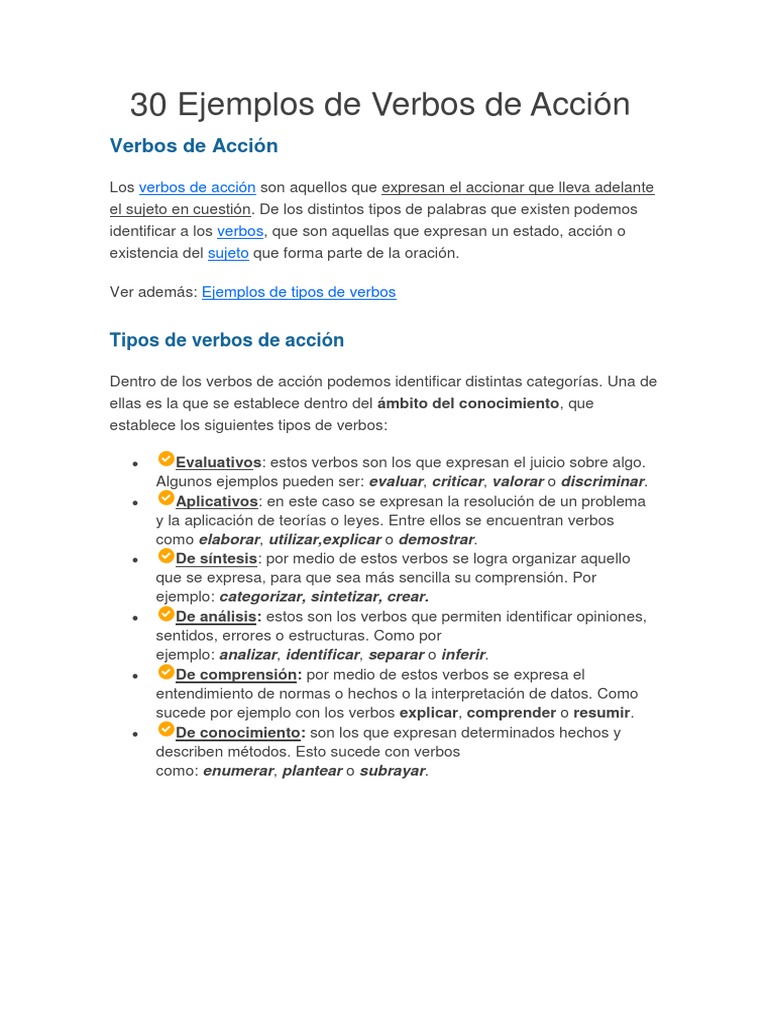30 Ejemplos De Verbos De Acción Pdf Verbo Asunto Gramática