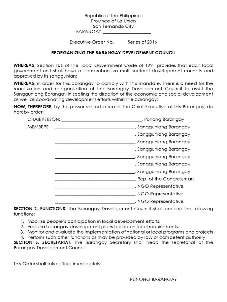 Barangay EO Barangay Development Council | Disaster Risk Reduction ...