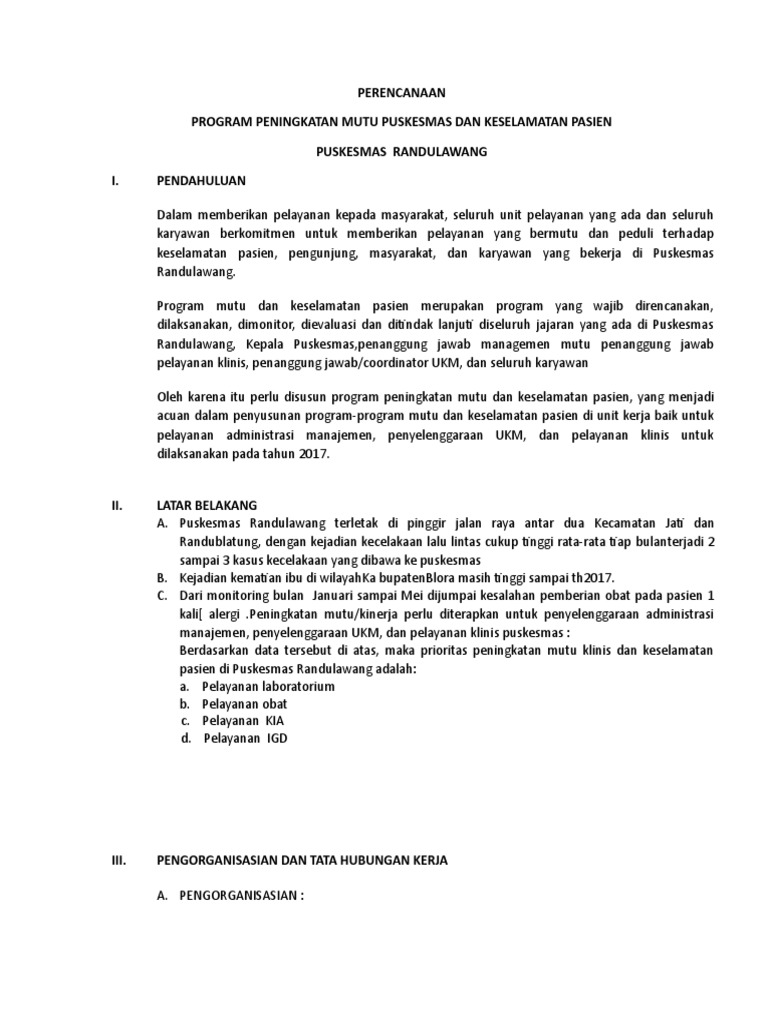 Contoh Program Peningkatan Mutu Puskesmas Dan Keselamatan Pasien - 1 | PDF