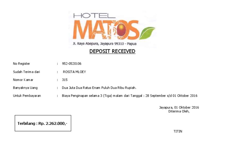 Contoh Bill Deposit Hotel | PDF
