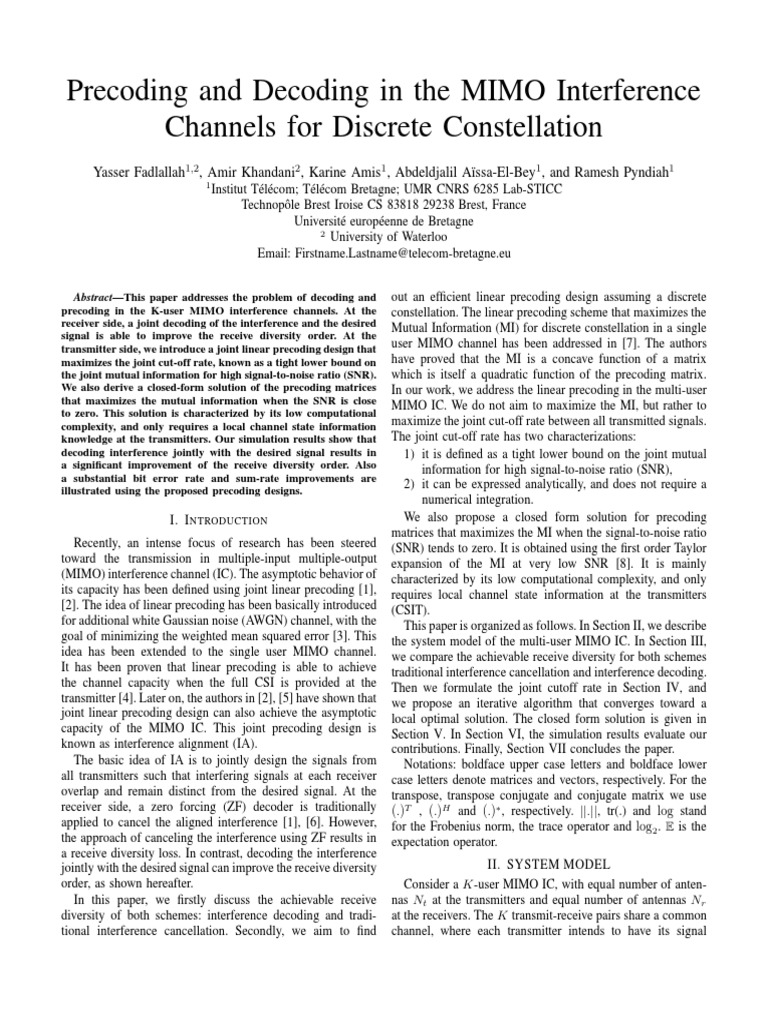 Precoding and Decoding in The MIMO Interference Channels For Discrete Constellation | PDF | Mimo ...
