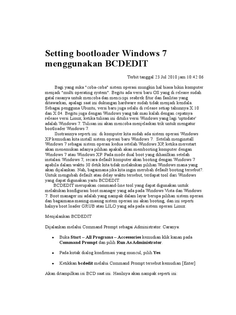 Setting Bootloader Windows 7 Menggunakan BCDEDIT | PDF