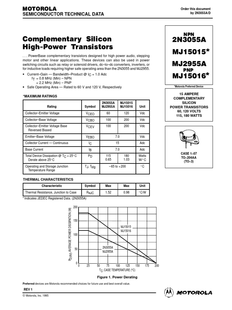 Motorola Bipolar Power Transistor Device Data Sheet for the 2N3055A/D ...