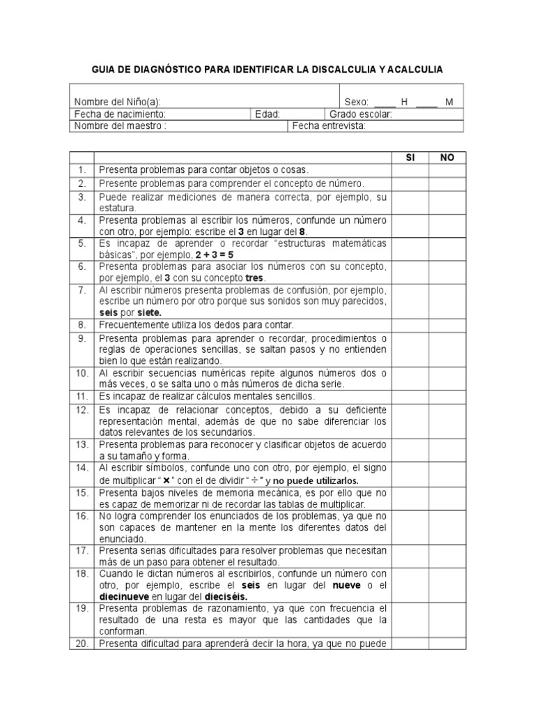 Guia 2 de Diagnóstico para Identificar La Discalculia y Acalculia | PDF ...