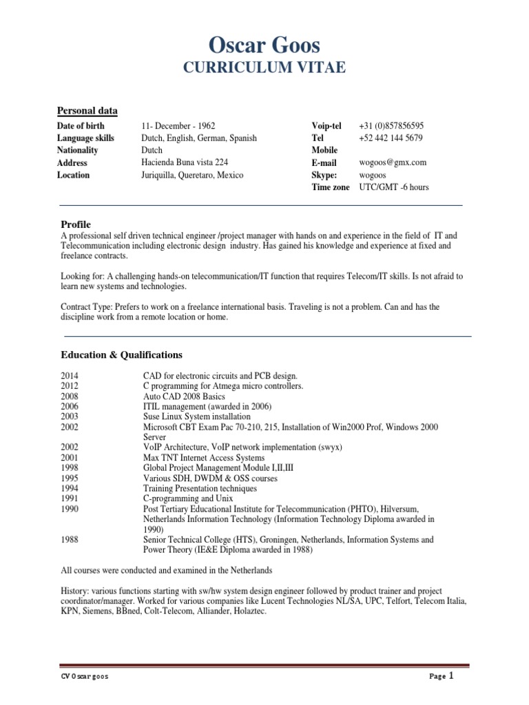 Oscar Goos: Technical Engineer CV | PDF | Voice Over Ip | Computer Network