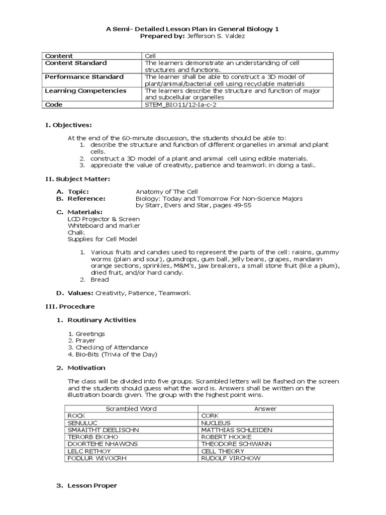 Demo Lesson Plan - General Biology 1 | Cell (Biology) | Rubric (Academic)