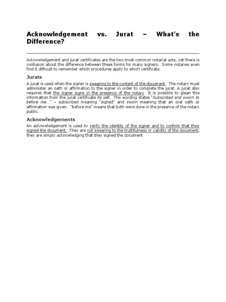 Acknowledgement vs. Jurat - What's The Difference?: Jurats | PDF ...