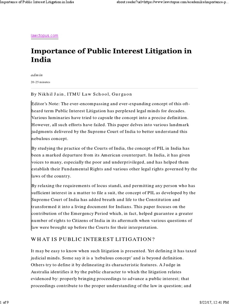 Significance of Public Interest Litigation in India | PDF | Standing ...