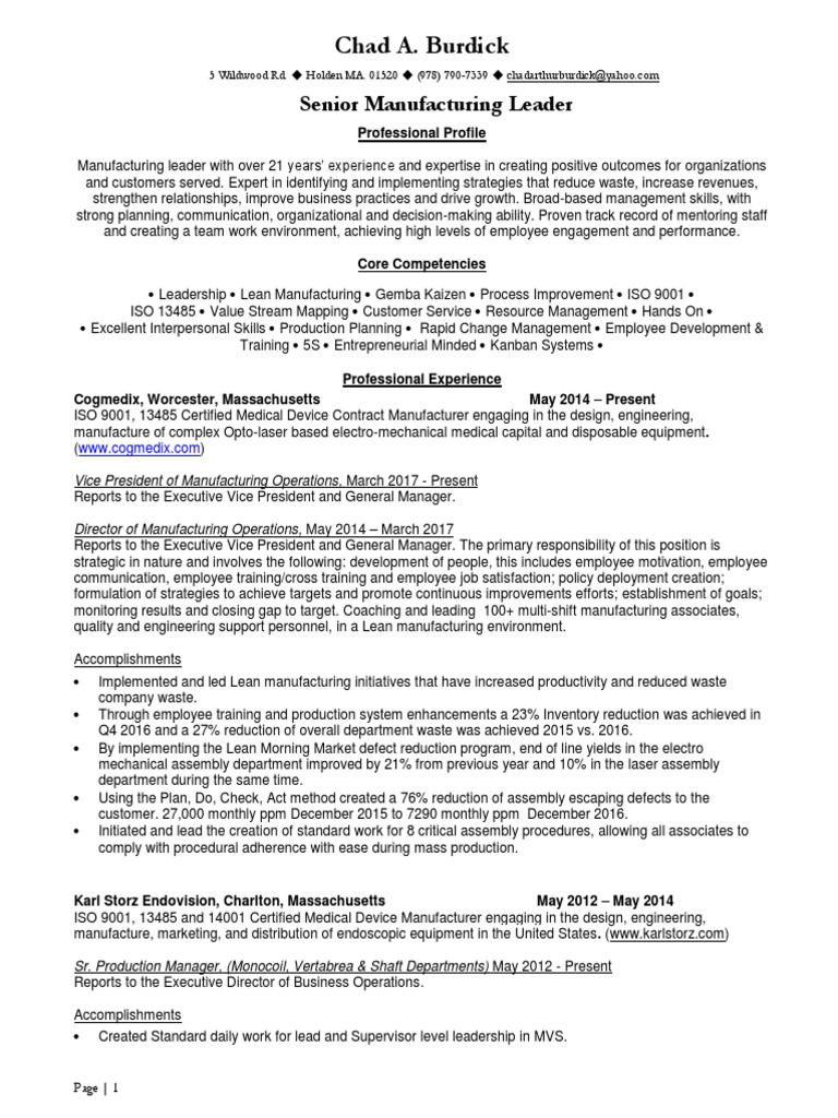 Chad Burdick Resume July 2017 School | PDF | Lean Manufacturing ...