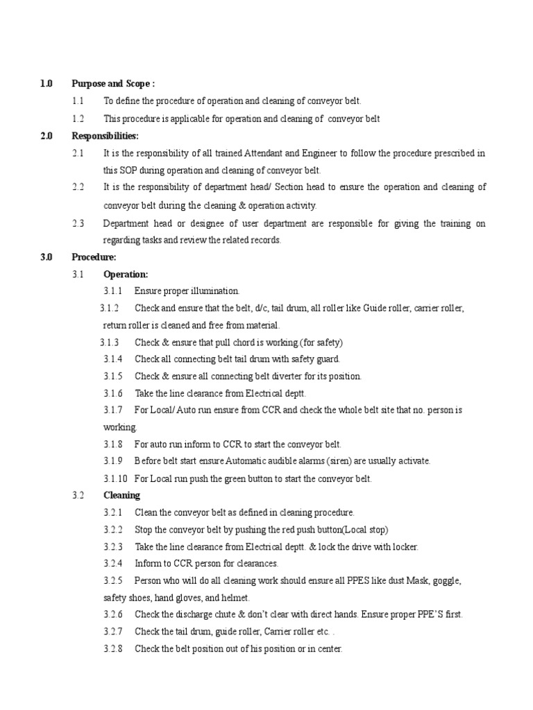 SOP For Operation and Cleaning of Conveyer Belt | PDF | Personal ...