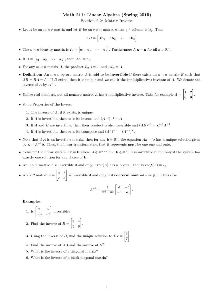 Math 211: Linear Algebra (Spring 2015) Section 2.2: Matrix Inverse | PDF | Matrix (Mathematics ...