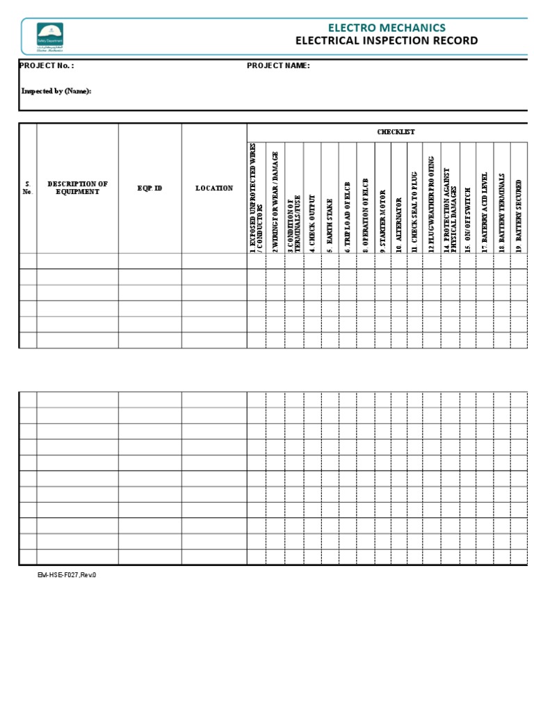 Em-Hse-F027 Rev.0 Electrical Inspection Record | PDF