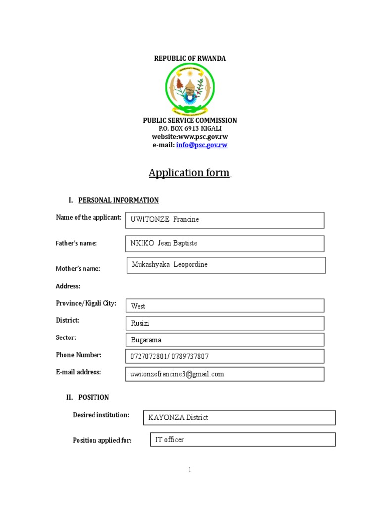 Application Form: Republic of Rwanda | PDF
