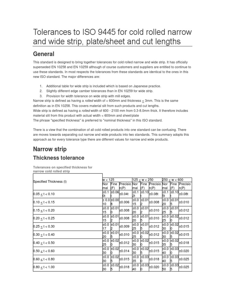 Tolerances To ISO 9445 For Cold Rolled Narrow and Wide Strip | PDF ...