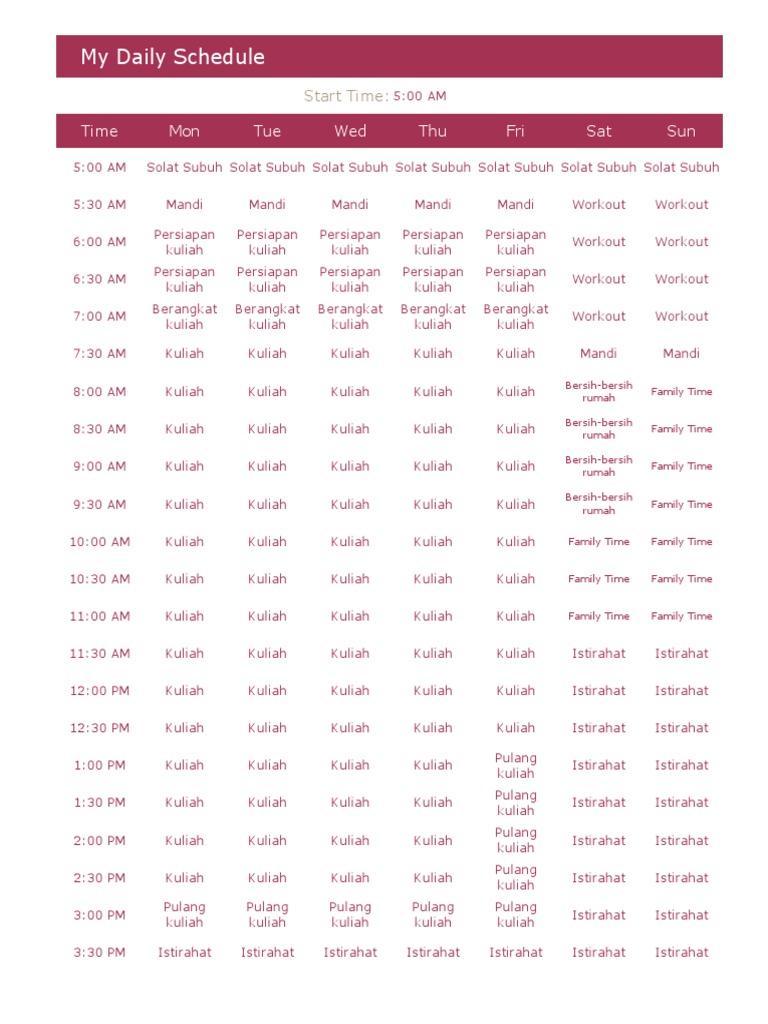 My Daily Schedule: Time Mon Tue Wed Thu Fri Sat Sun | PDF