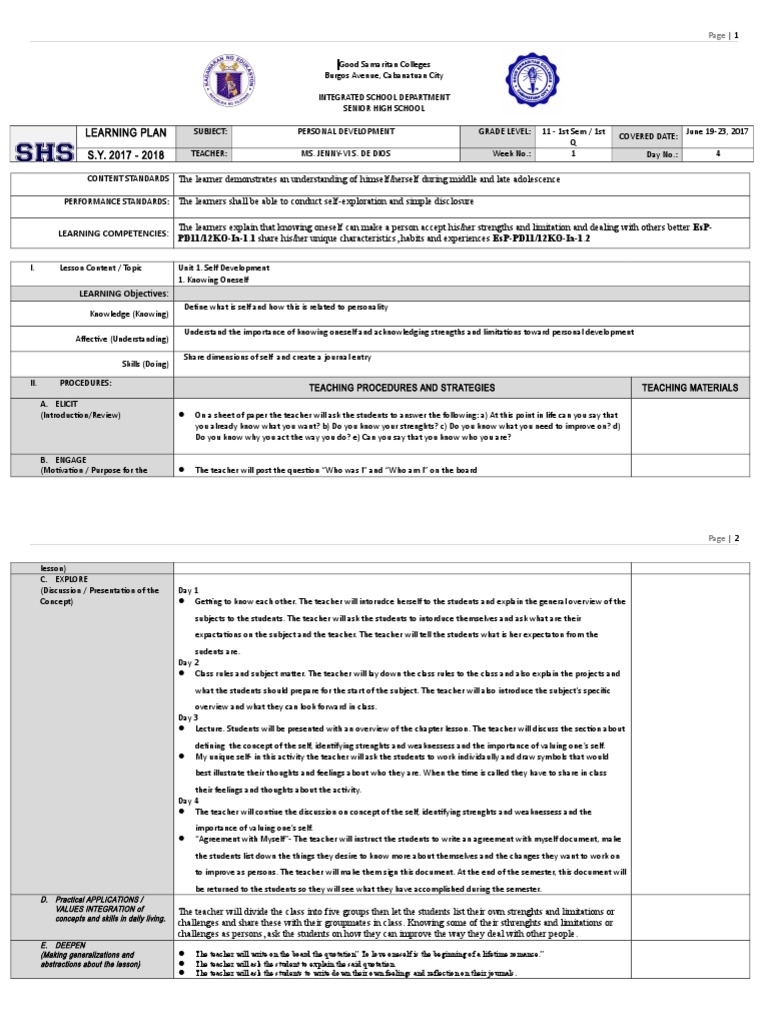 Perdev - LP Week 1 | PDF | Self | Teachers