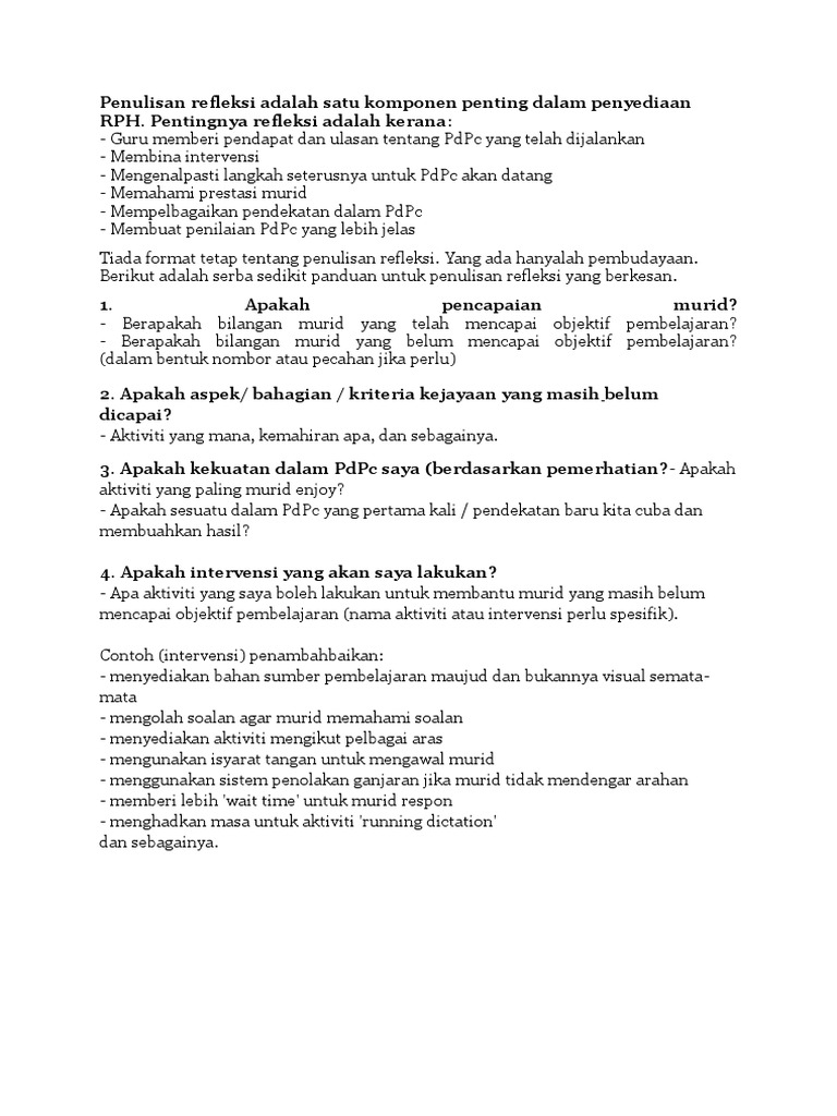 Penulisan Refleksi Adalah Satu Komponen Penting Dalam Penyediaan RPH | PDF