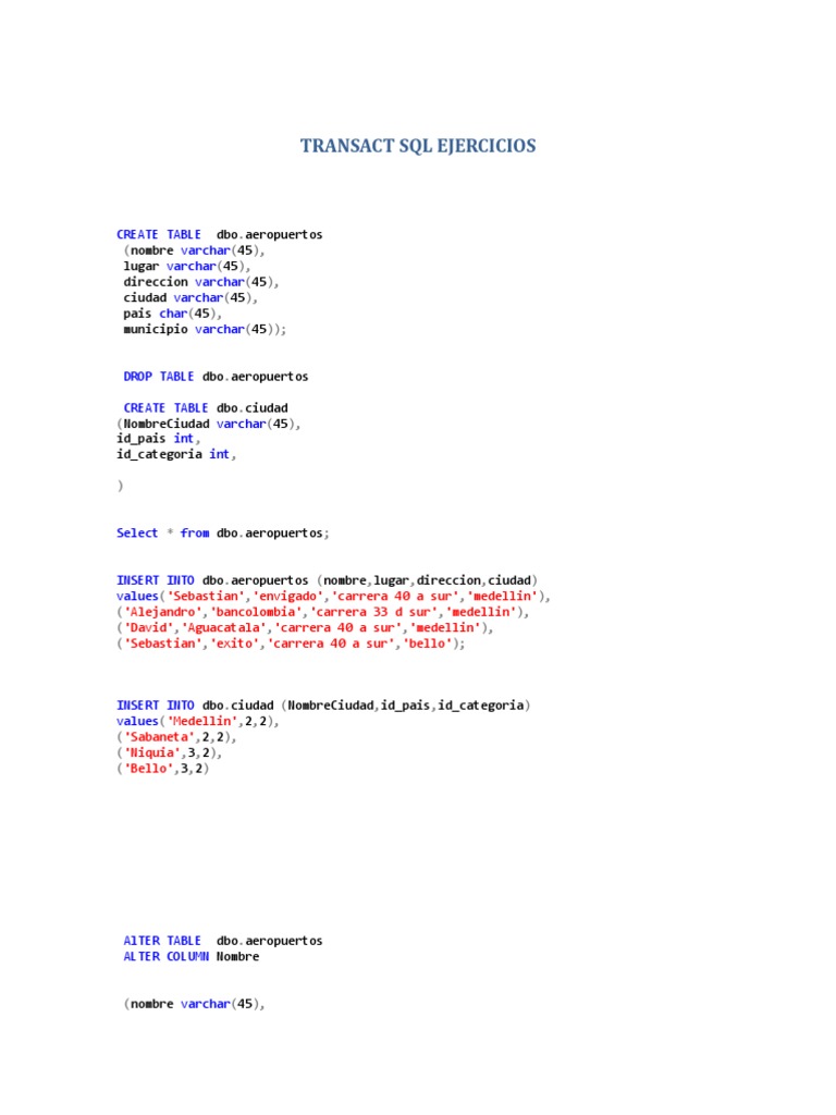 Ejercicios Prácticos de Transact SQL | PDF | Informática