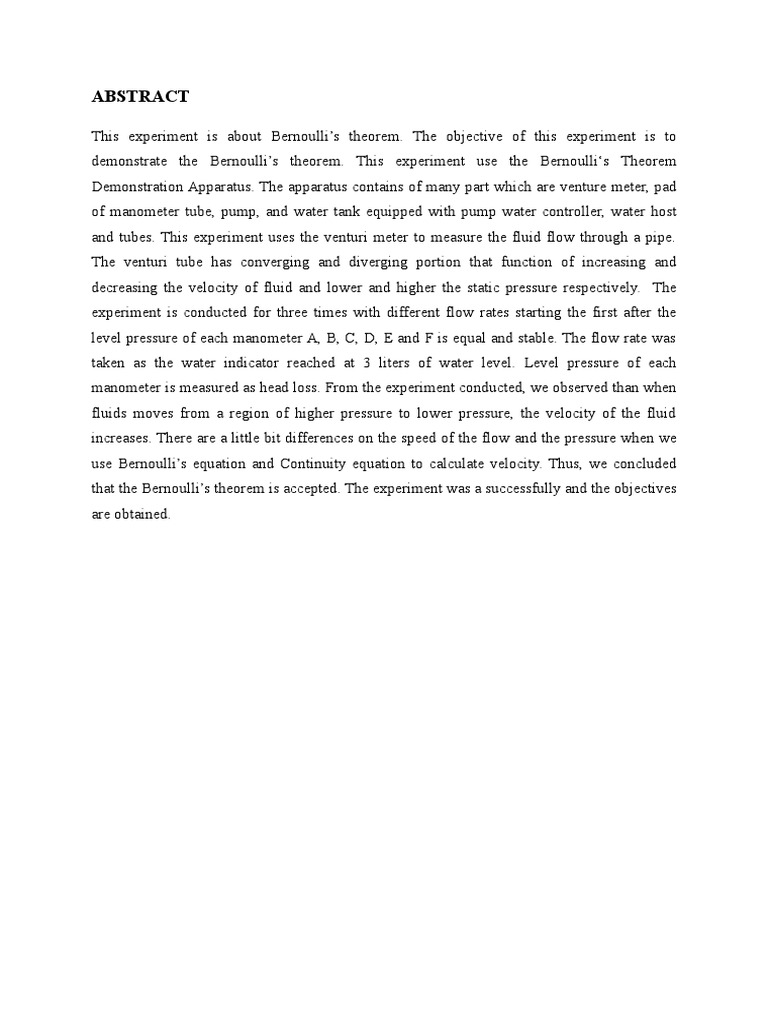 Bernoulli S Principle Demonstration Lab Report | PDF | Fluid Dynamics ... Bernoulli S Principle Demonstration Lab Report | PDF | Fluid Dynamics ...