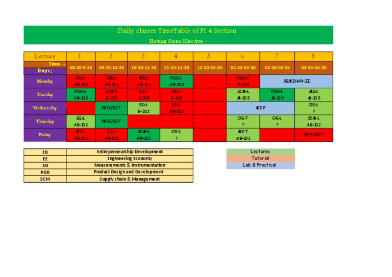 Daily Classes Timetable of Pi 4 Section: Having Open Elective | PDF