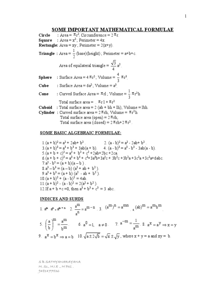 Basic Maths Formulae PDF | PDF | Area | Trigonometric Functions
