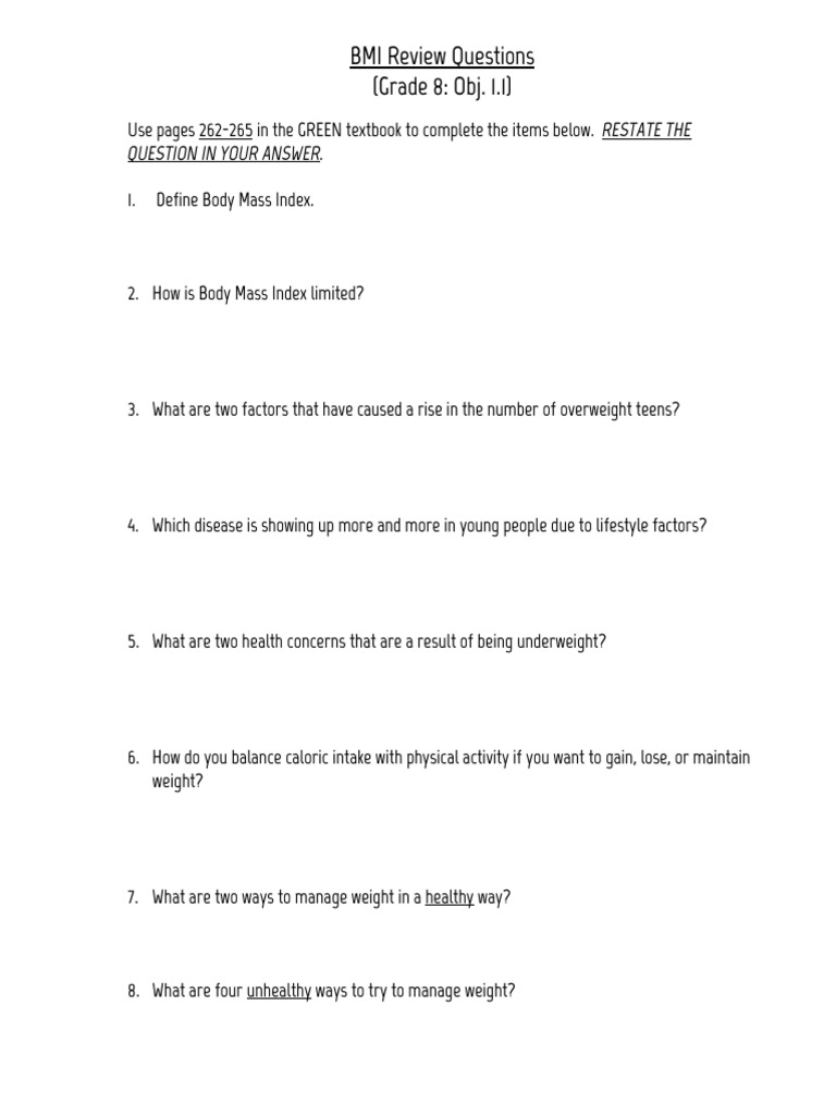 BMI Review Questions (Grade 8: Obj. 1.1) : THE IN Your Answer | PDF ...