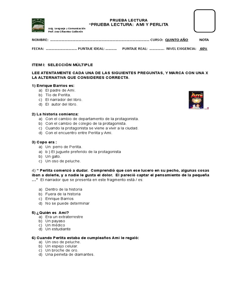 PRUEBA LECTURA Ami y Perlita 2017 | PDF