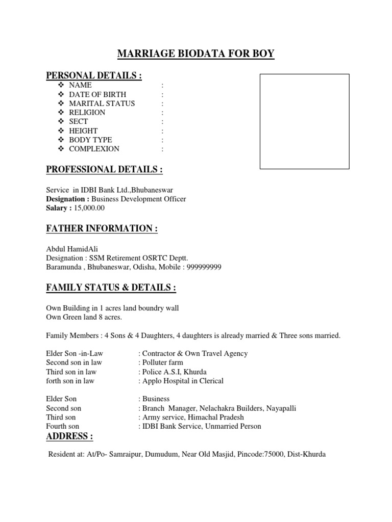 Marriage Biodata For Boy: Personal Details | PDF