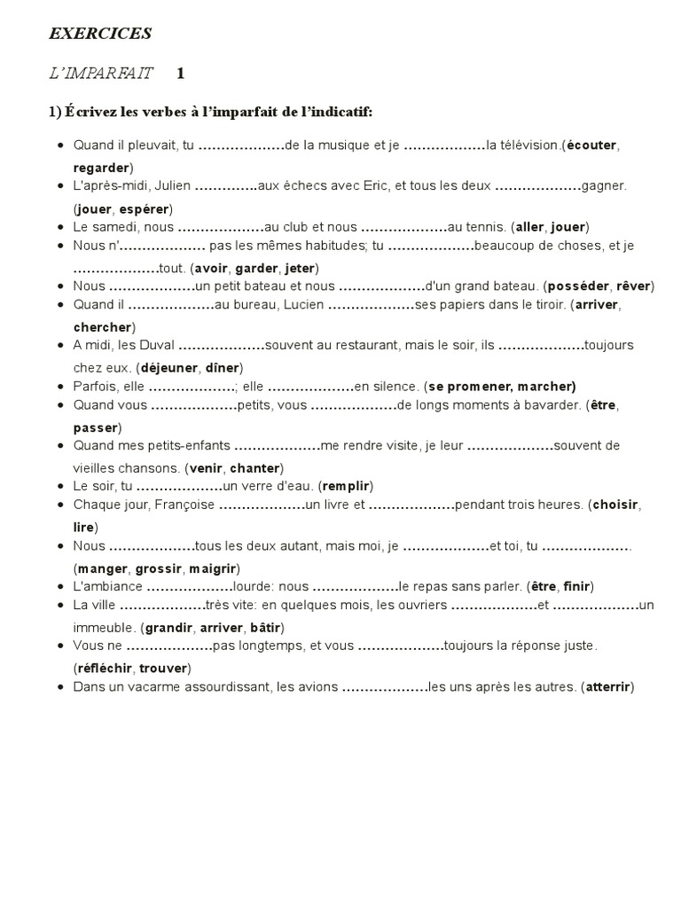 Exercice l'Imparfait 1