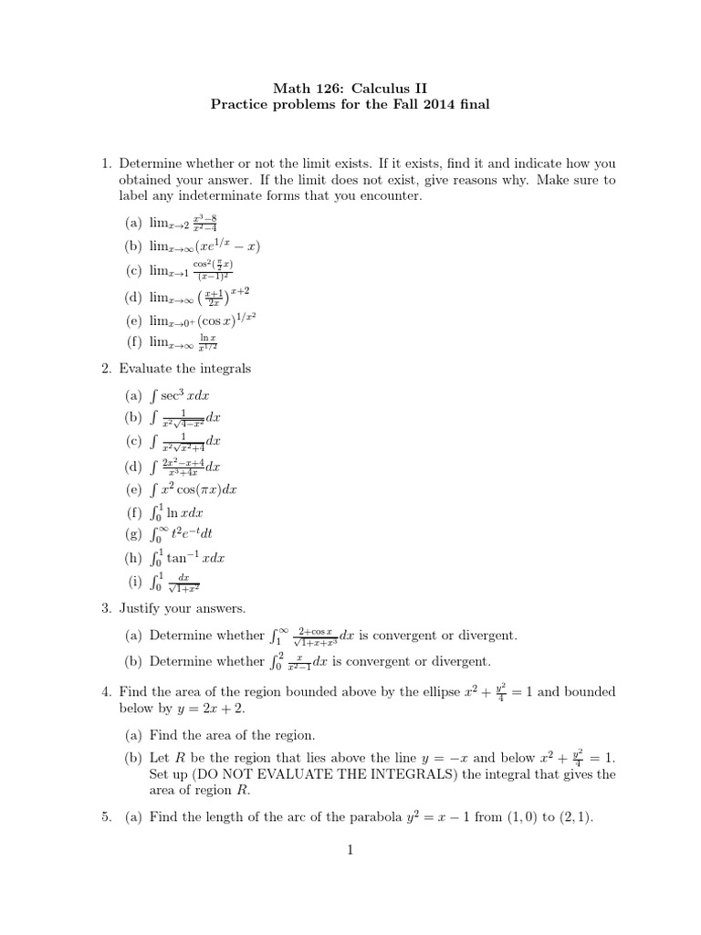 PracticeProblems Math126 Fall2014 | PDF | Integral | Geometry