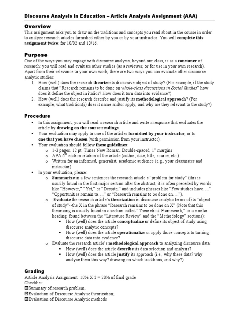 Discourse Analysis in Education - Article Analysis Assignment | PDF | Methodology | Evaluation