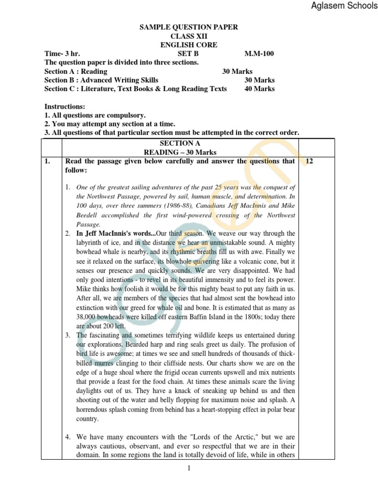 Class XII English Core Sample Paper | PDF | Time Management ...
