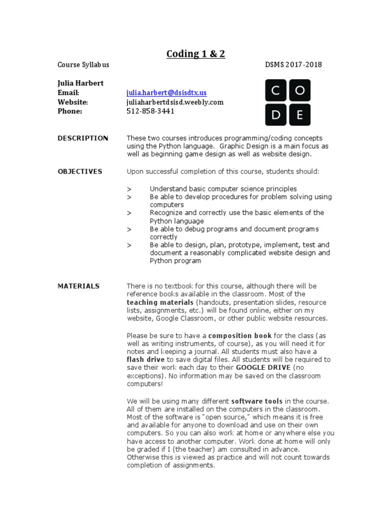 Coding 1 and 2 Syllabus | PDF | Computer Programming | Web Design