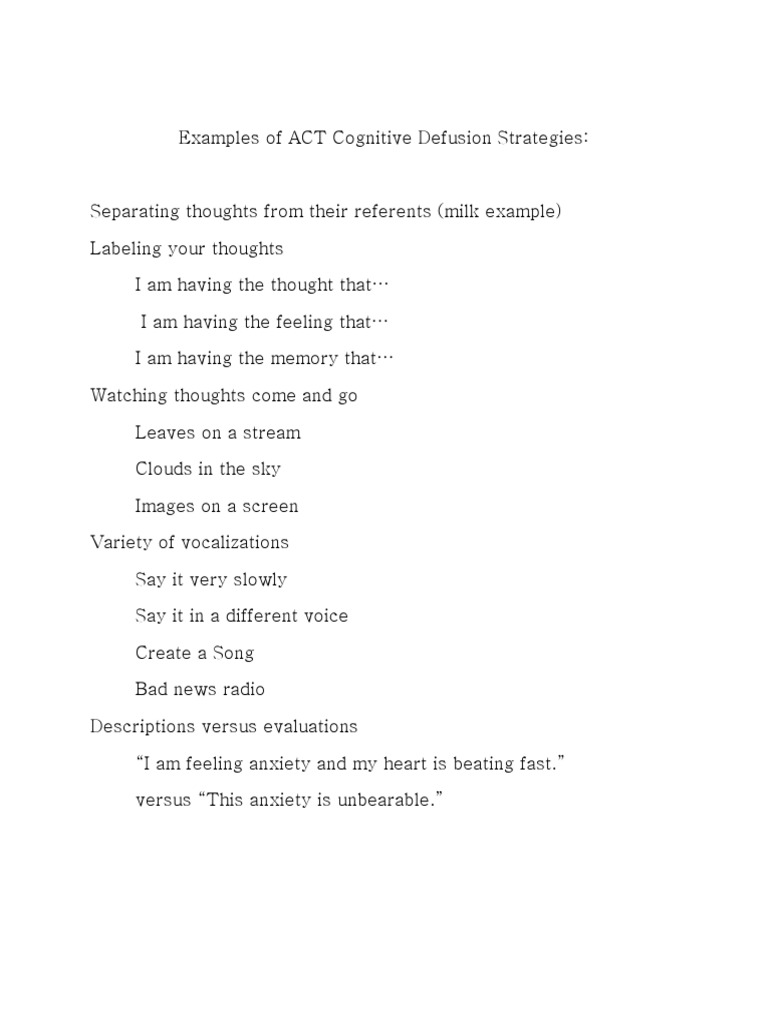 Examples of ACT Cognitive Defusion Strategies