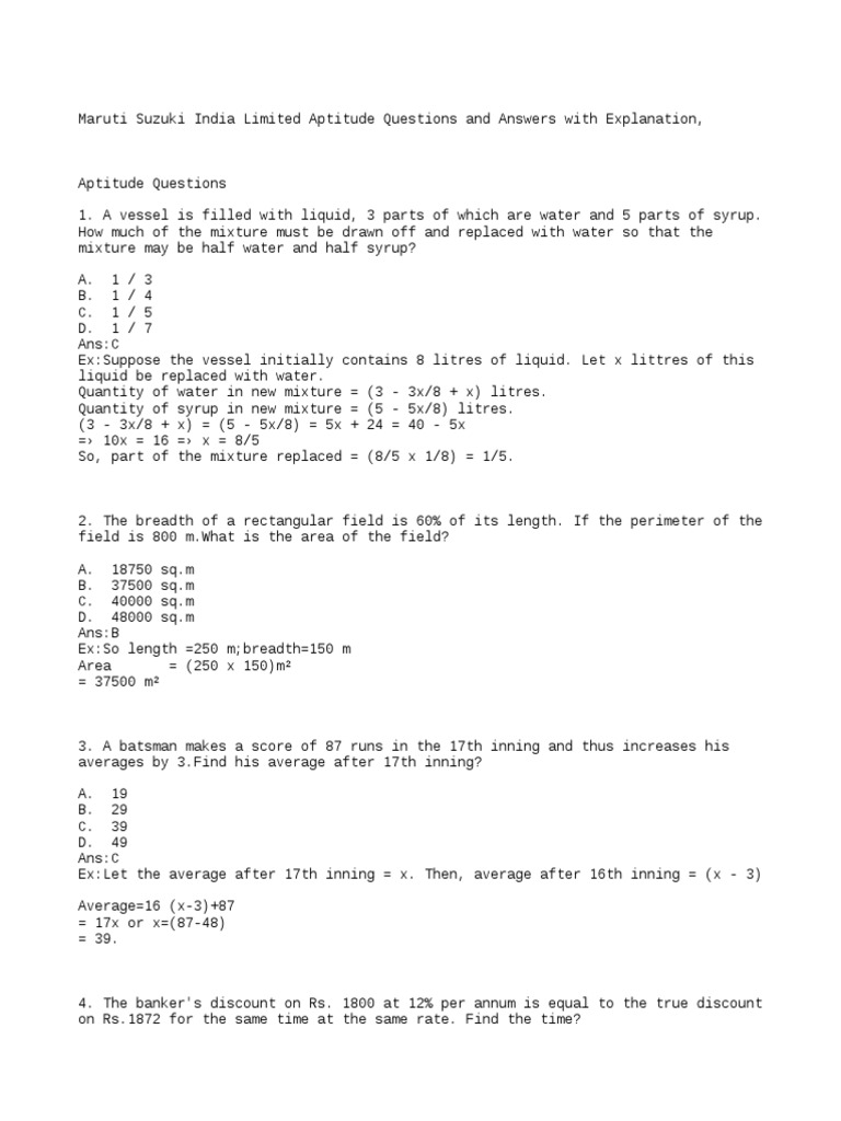 Maruti Suzuki India Limited Aptitude Questions and Answers With Explanation | PDF | Physics ...