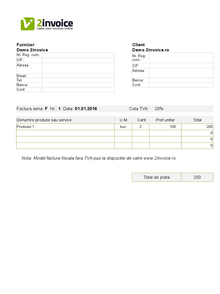 Model Factura Fara-TVA | PDF